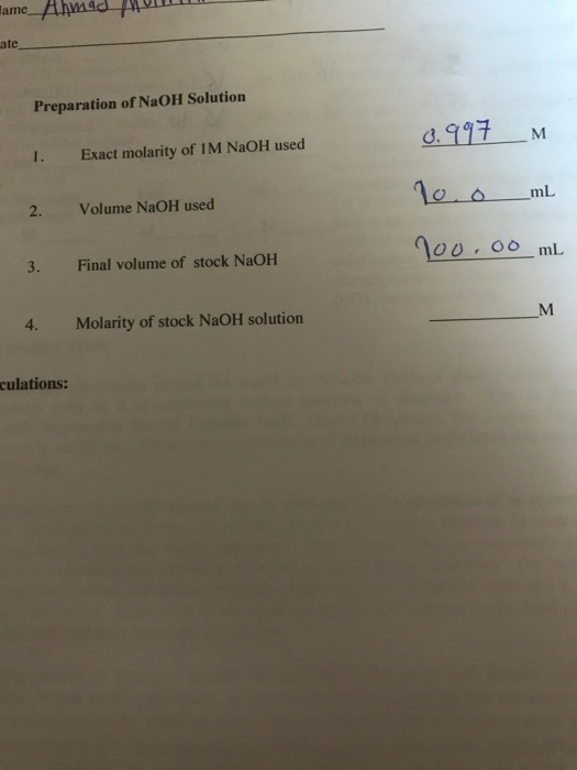 Solved Preparation of NaOH Solution Exact molarity of 1M | Chegg.com