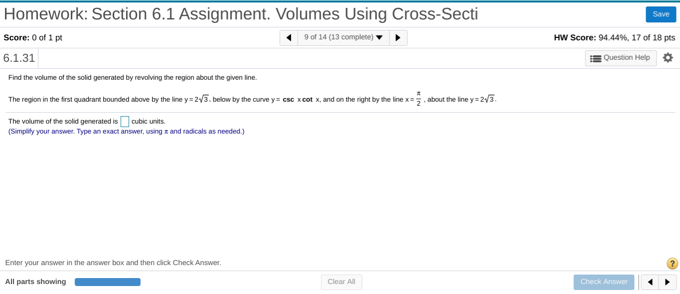Solved Homework: Section 6.1 Assignment. Volumes Using | Chegg.com