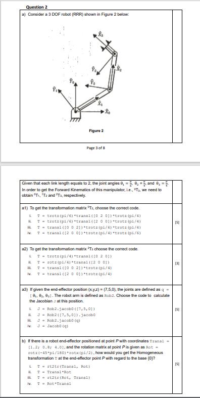 Solved Question 2a consider A 3 dof Robot Rrr shown In