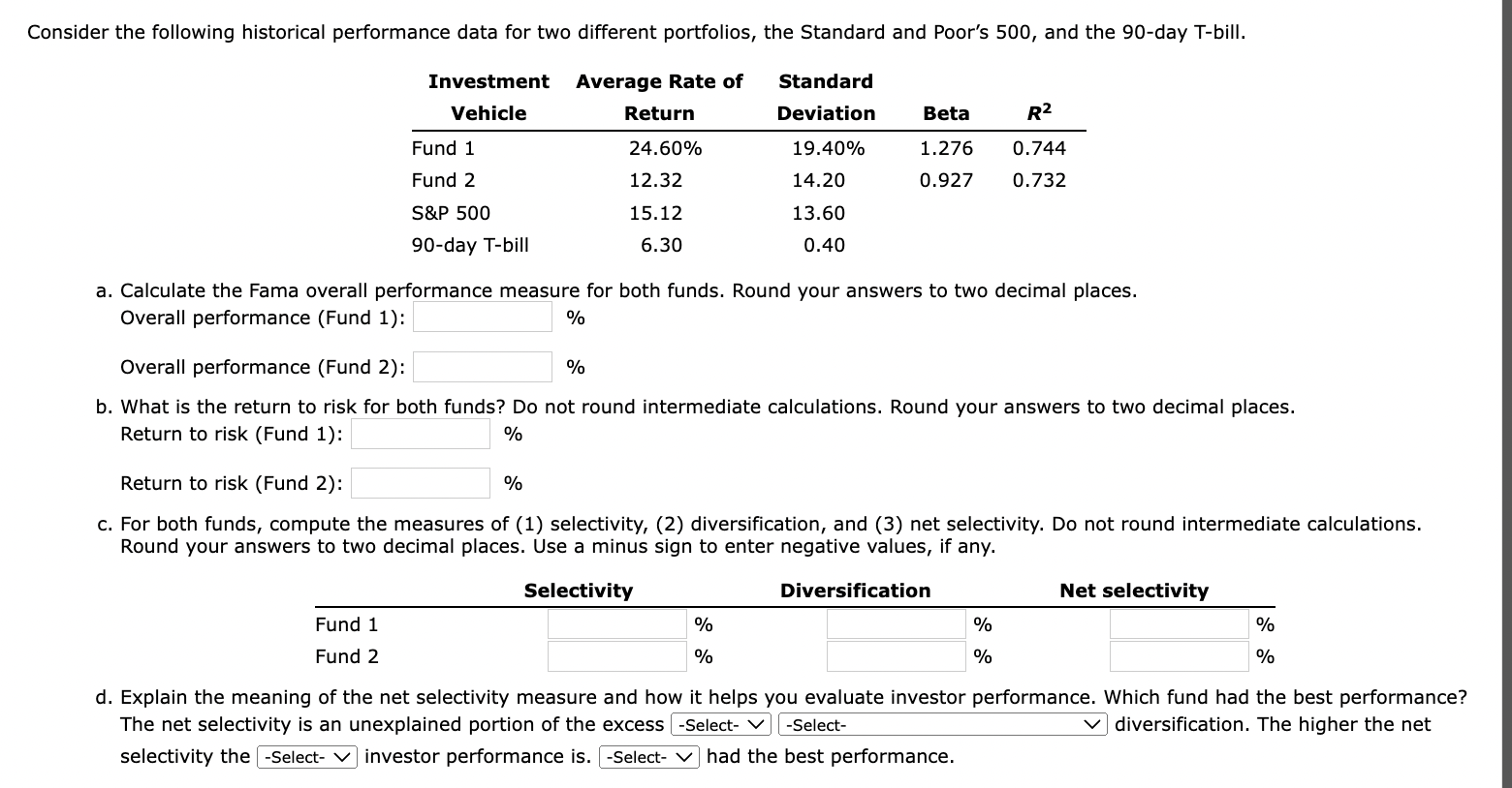 Solved a. Calculate the Fama overall performance measure for | Chegg.com