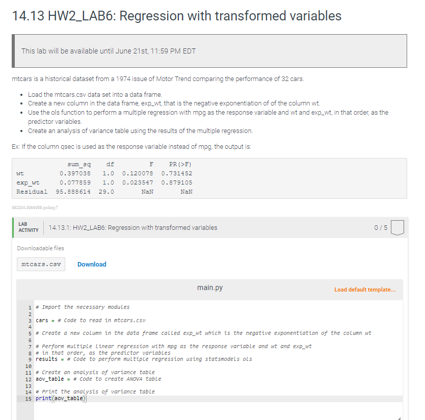 Solved 14.13 ﻿HW2_LAB6: Regression with transformed | Chegg.com