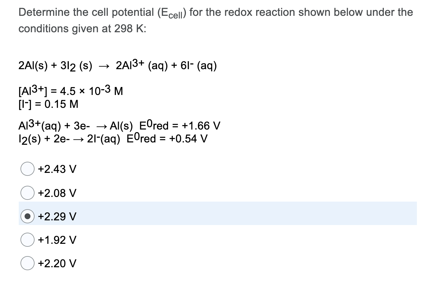 Solved Determine the cell potential (Ecell) for the redox | Chegg.com