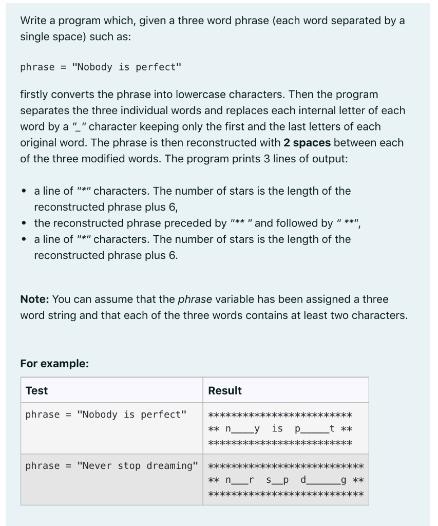Solved Write a program which, given a three word phrase | Chegg.com
