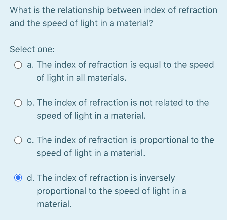 Solved What is the relationship between index of refraction | Chegg.com