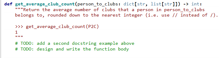 Solved def get_average_club_count(person_to_clubs: dict[str, | Chegg.com