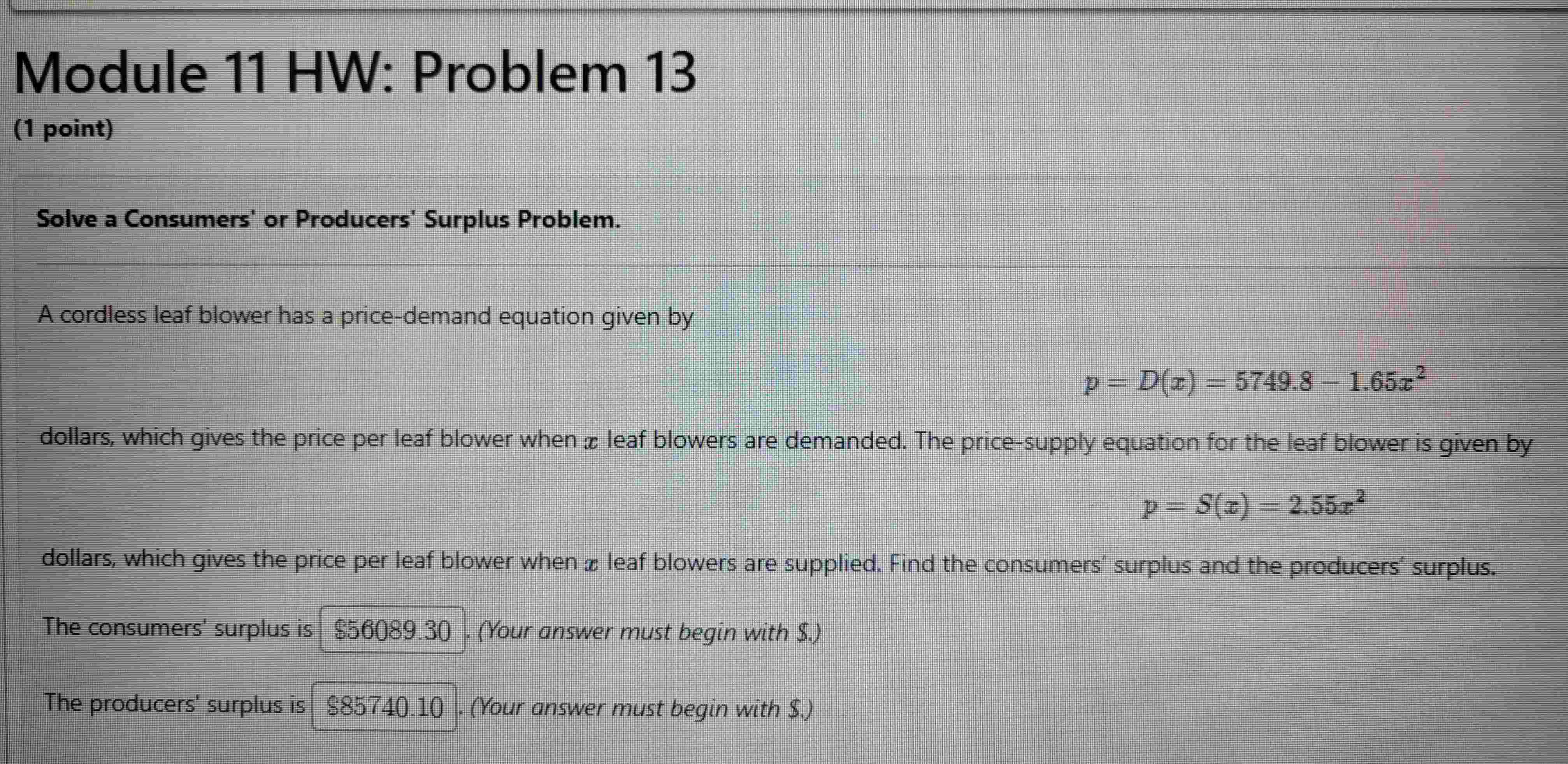 Solved Module 11 HW: Problem 13(1 ﻿point)Solve a Consumers' | Chegg.com