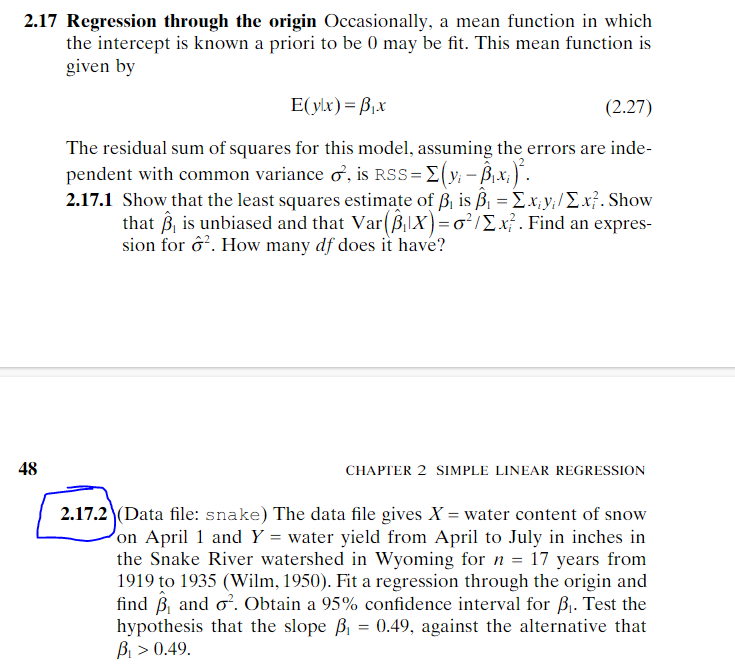 2.17 Regression through the origin Occasionally, a | Chegg.com