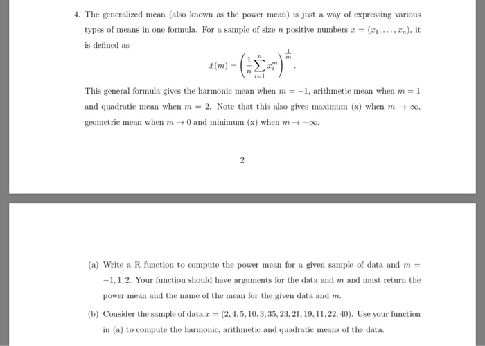 Solved 4. The generalized mean (also known as the power | Chegg.com