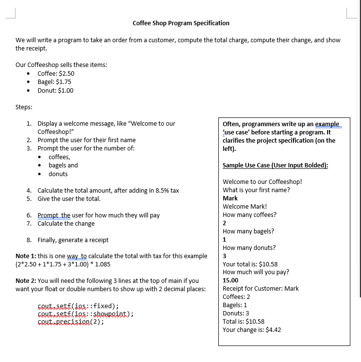 Solved Coffee Shop Program Specification We will write a | Chegg.com
