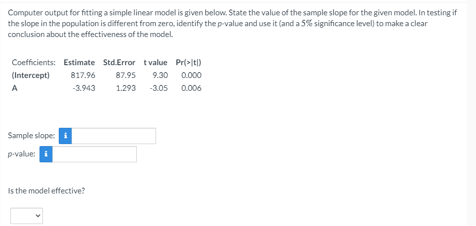 Solved Computer output for fitting a simple linear model is | Chegg.com