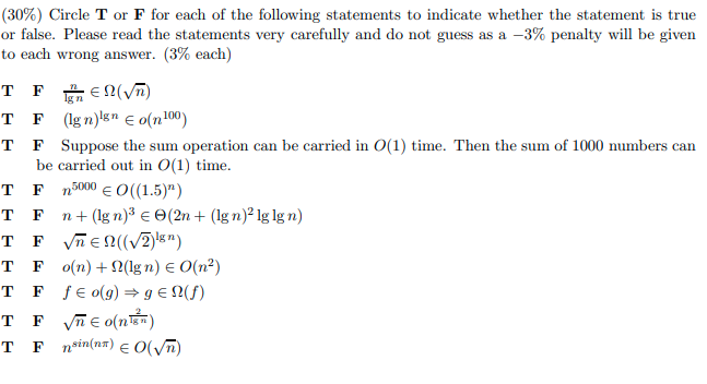 Solved (30%) Circle T or F for each of the following | Chegg.com