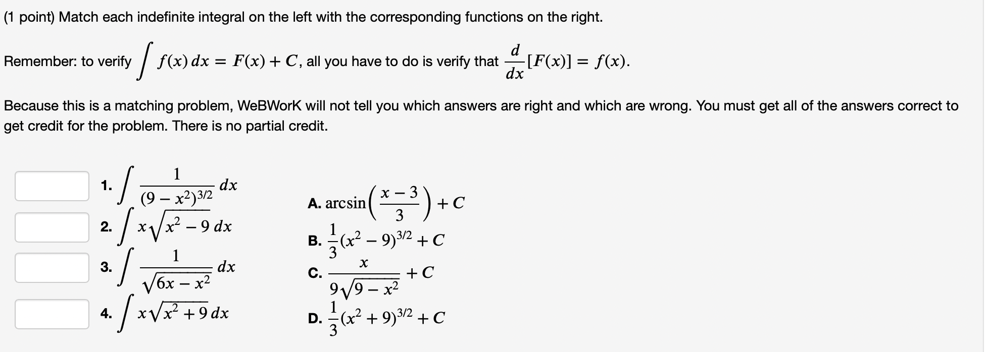Solved (1 point) Match each indefinite integral on the left | Chegg.com