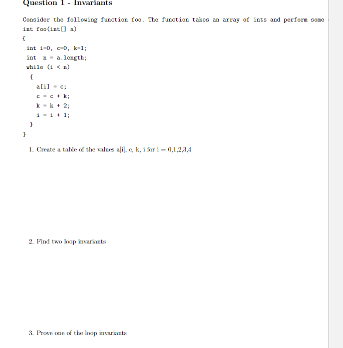 Question 1 - Invariants Consider the following | Chegg.com