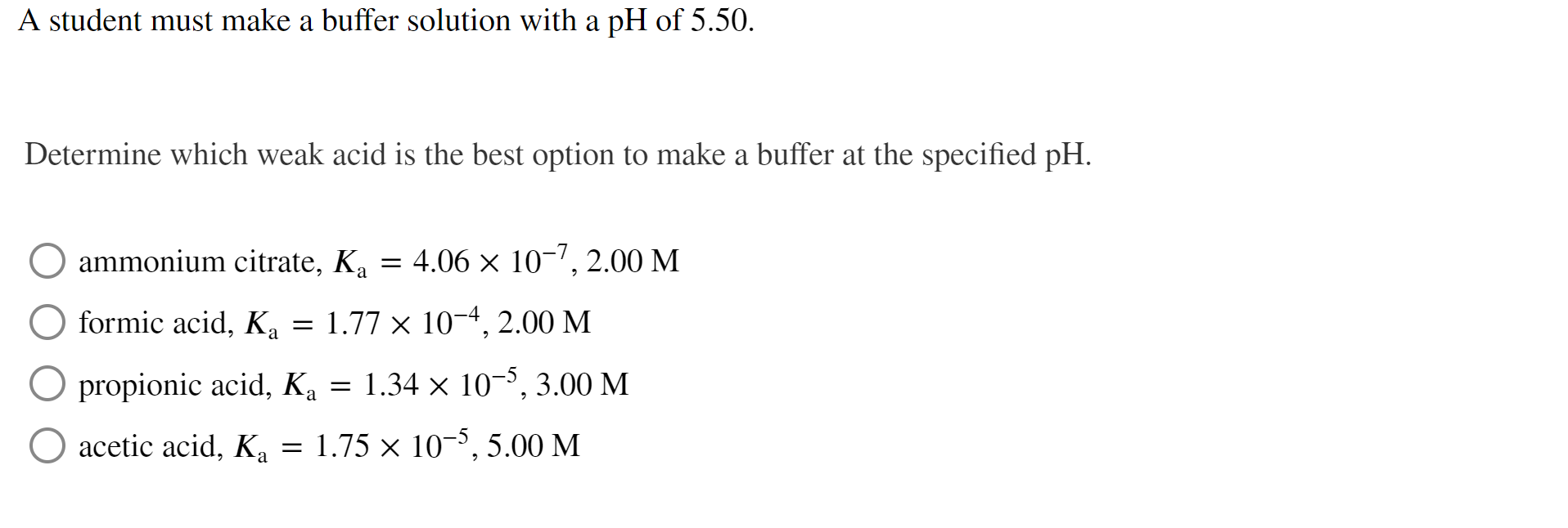 Solved A student must make a buffer solution with a pH of | Chegg.com