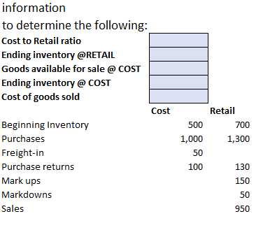 Solved information to determine the following: Cost to | Chegg.com