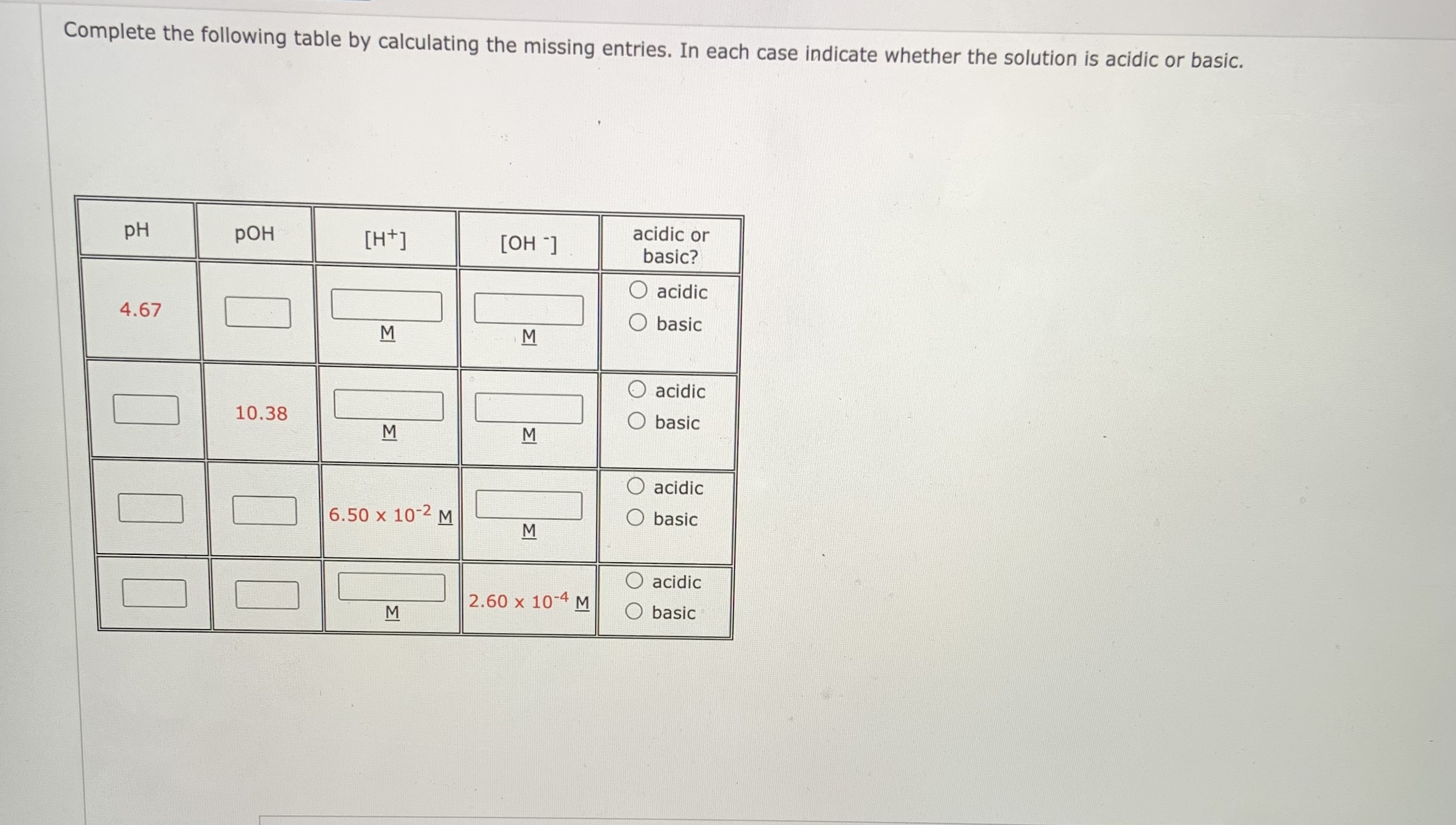 Solved Complete the following table by calculating the | Chegg.com