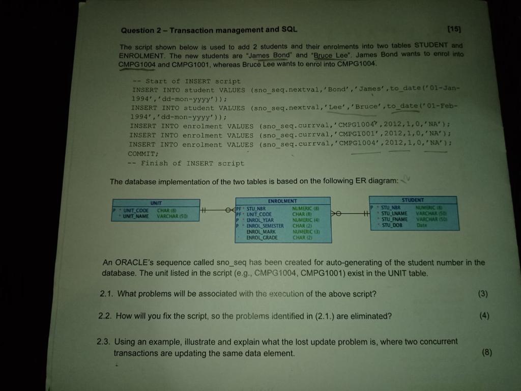 Solved Question 2 - Transaction management and SQL [15] The | Chegg.com