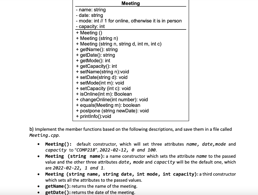 Solved Question #2: Implementing a class (14 pts) a) A | Chegg.com