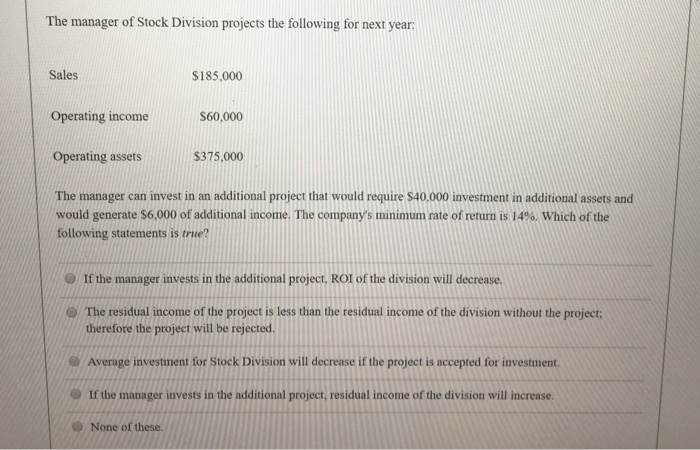 Solved The manager of Stock Division projects the following | Chegg.com