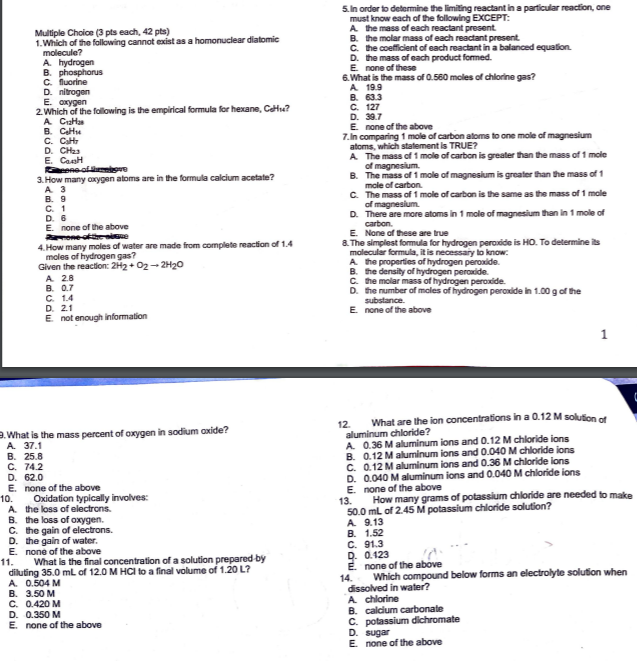 Solved Multiple Choice (3 pts each, 42 pts) 1. Which of the | Chegg.com