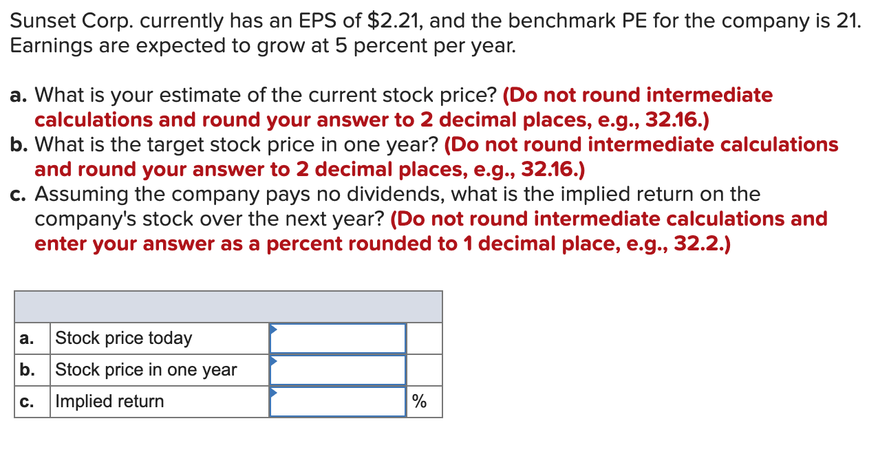 Solved Sunset Corp. currently has an EPS of $2.21, and the | Chegg.com