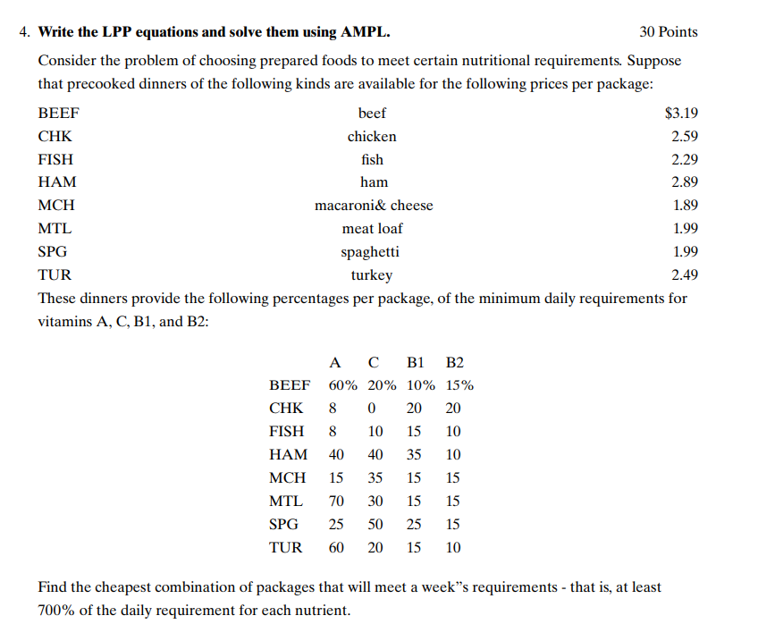 Solved Write the LPP equations and solve them using AMPL. 30 | Chegg.com