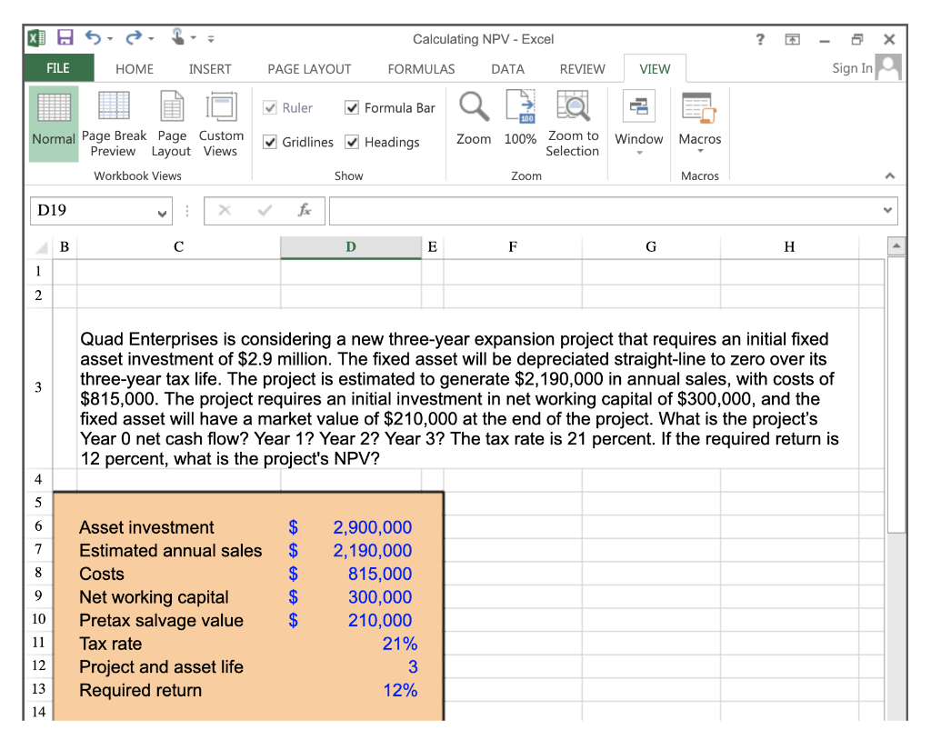 Solved XDA 5 Calculating NPV - Excel ? Q х FILE HOME INSERT | Chegg.com
