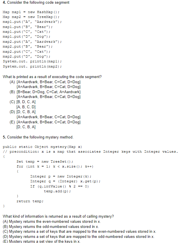 Solved 4. Consider the following code segment Map mapi = new | Chegg.com