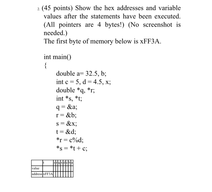 Solved 2. (45 points) Show the hex addresses and variable | Chegg.com