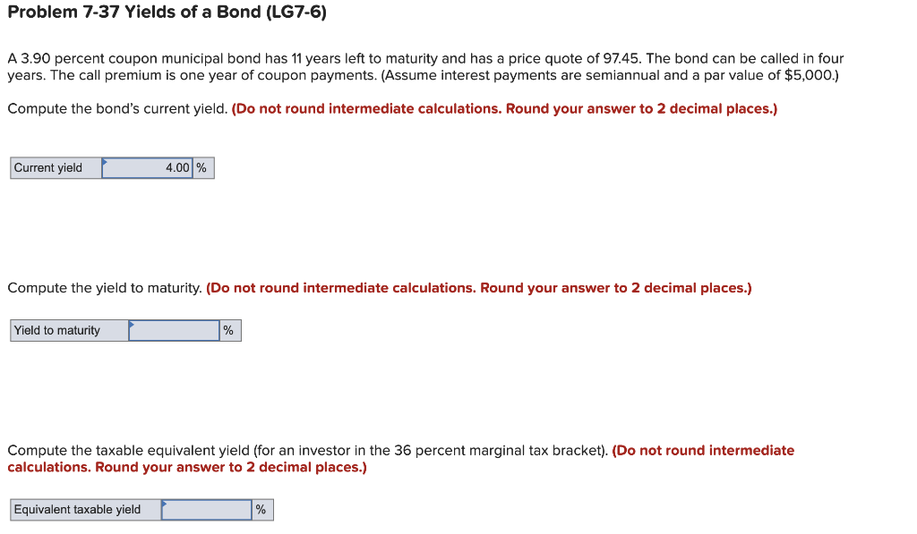 Solved Problem 7-37 Yields of a Bond (LG7-6) A 3.90 percent | Chegg.com