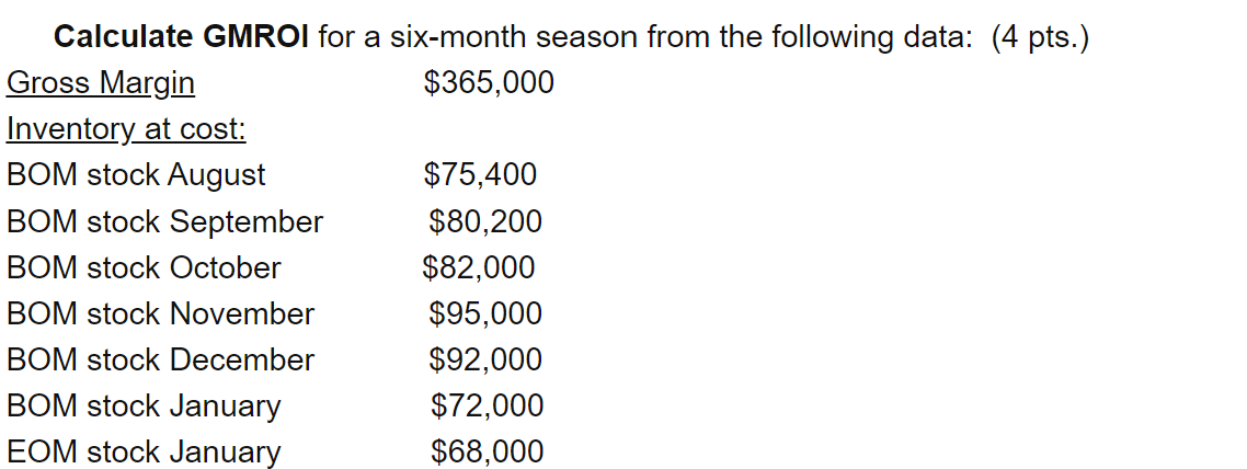 Solved Calculate GMROI for a six-month season from the | Chegg.com