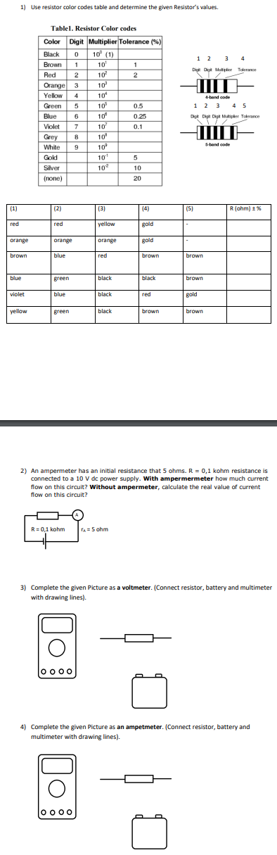 Solved 1) Use resistor color codes table and determine the | Chegg.com