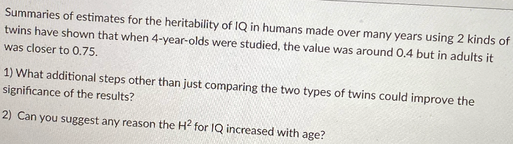Solved Summaries of estimates for the heritability of IQ in | Chegg.com
