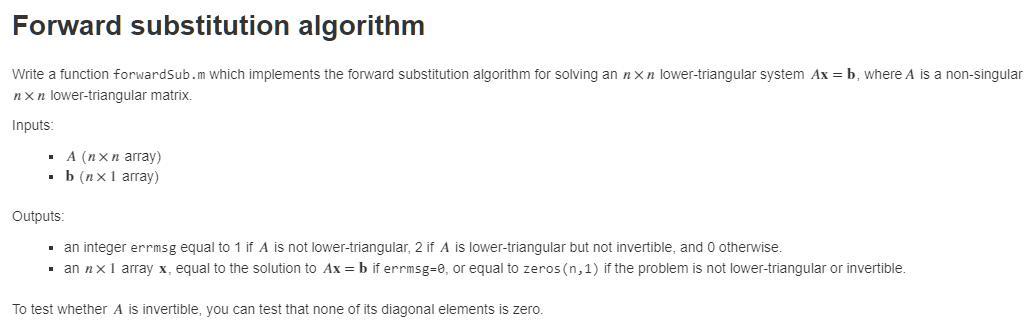 Solved Forward substitution algorithm Write a function | Chegg.com