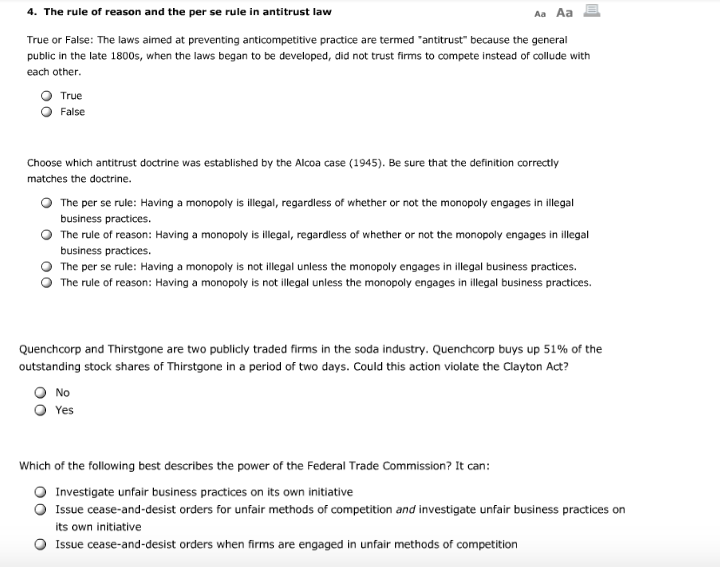 Solved 4. The rule of reason and the per se rule in | Chegg.com