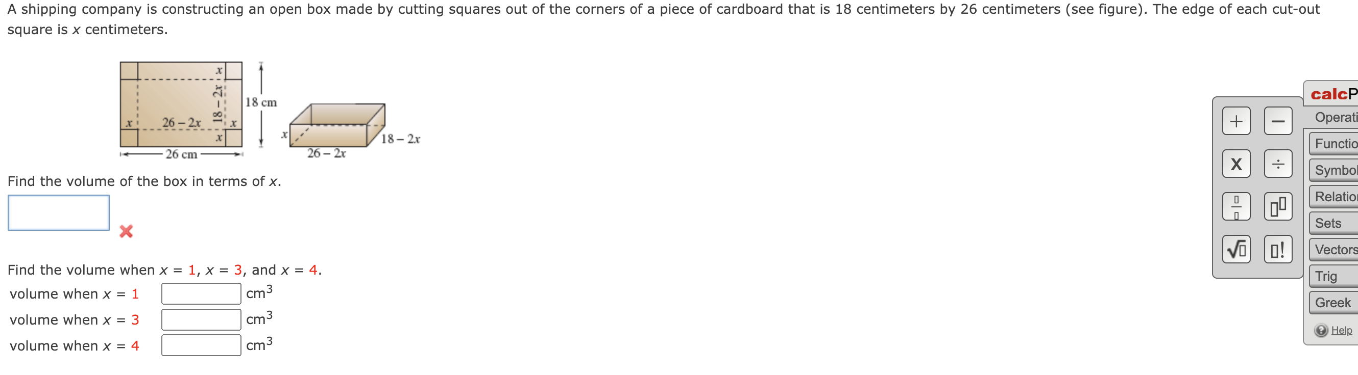 Solved square is x ﻿centimeters.Find the volume of the box | Chegg.com