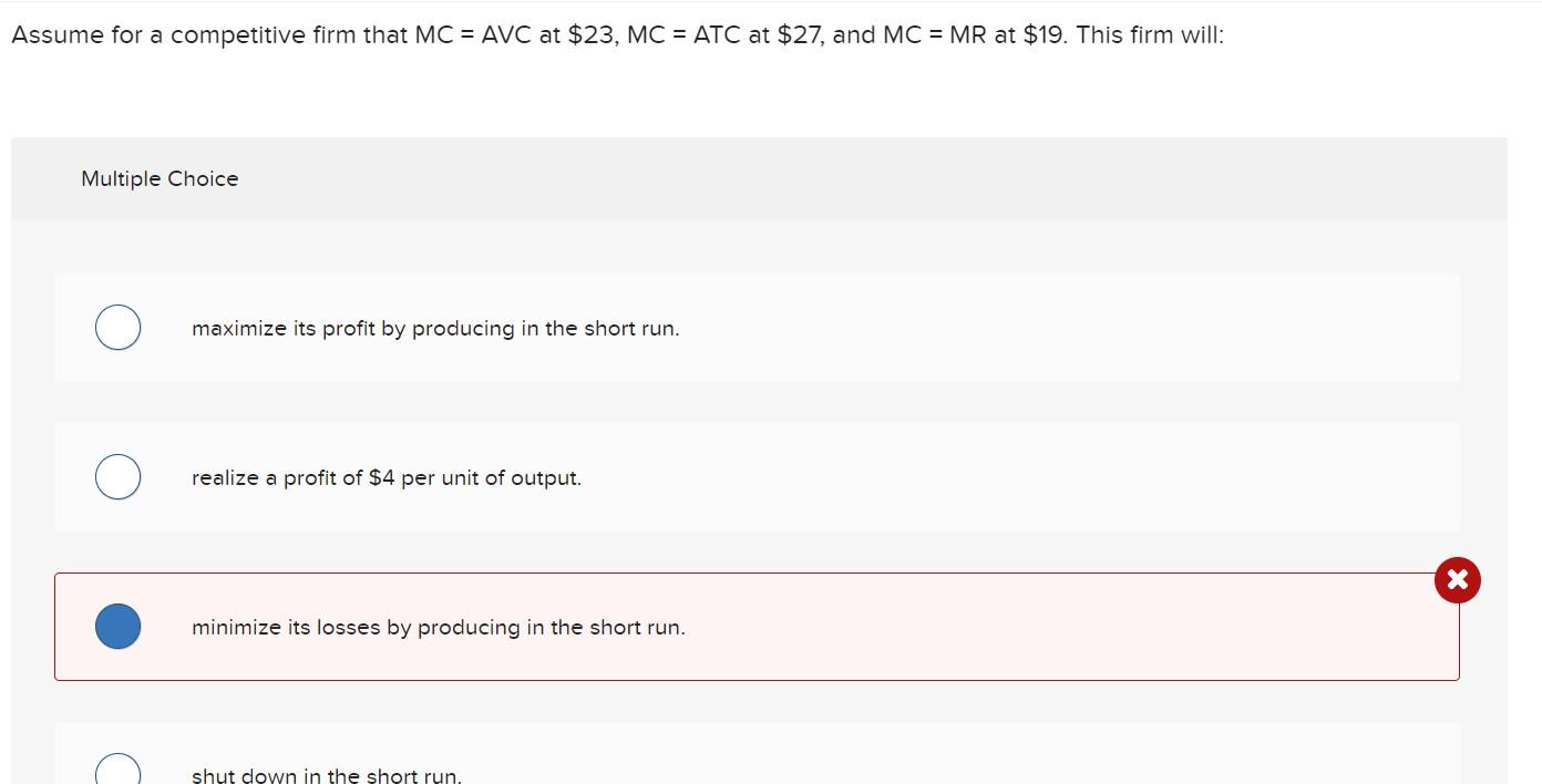 Solved Assume for a competitive firm that MC=AVC at | Chegg.com