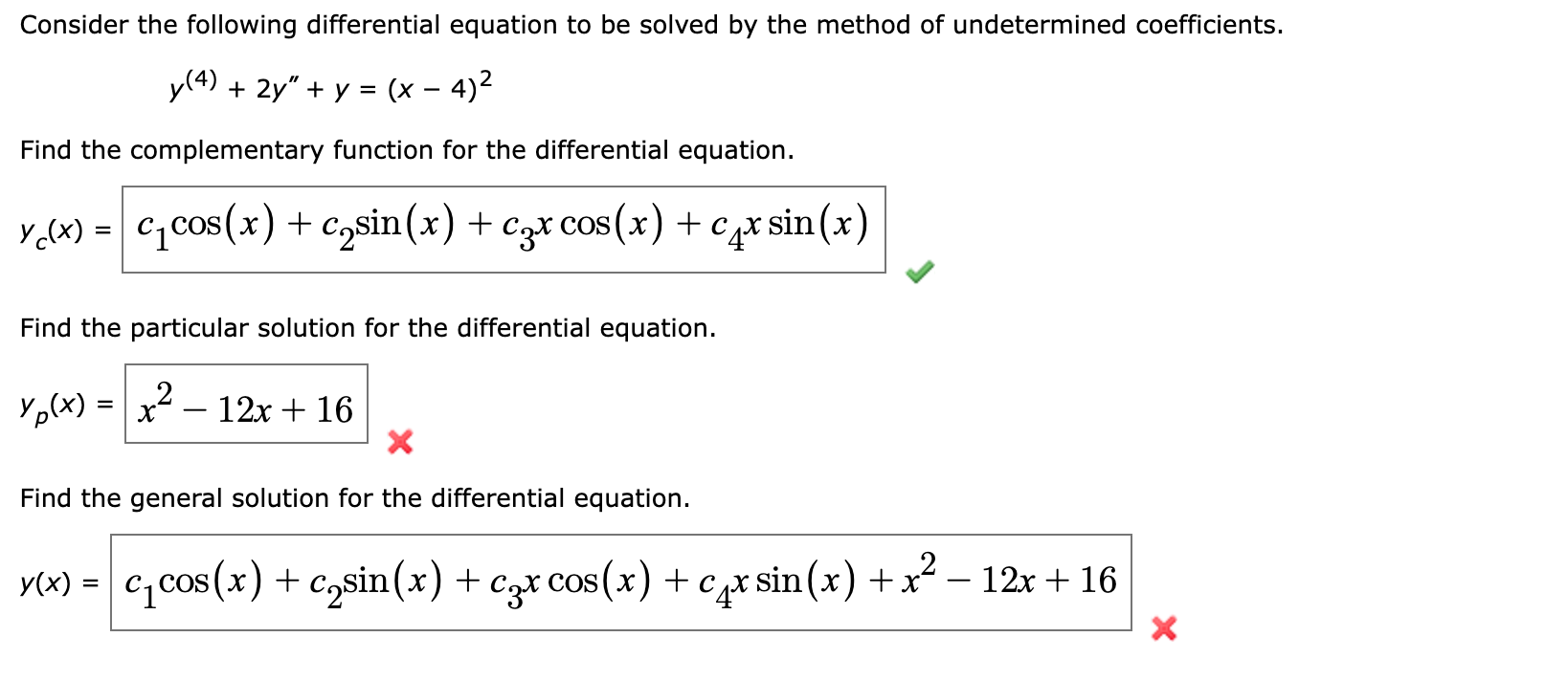 y(4)+2y′′+y=(x−4)2 Find the complementary function | Chegg.com