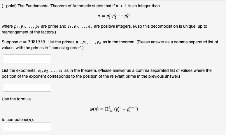 Solved (1 point) The Fundamental Theorem of Arithmetic | Chegg.com