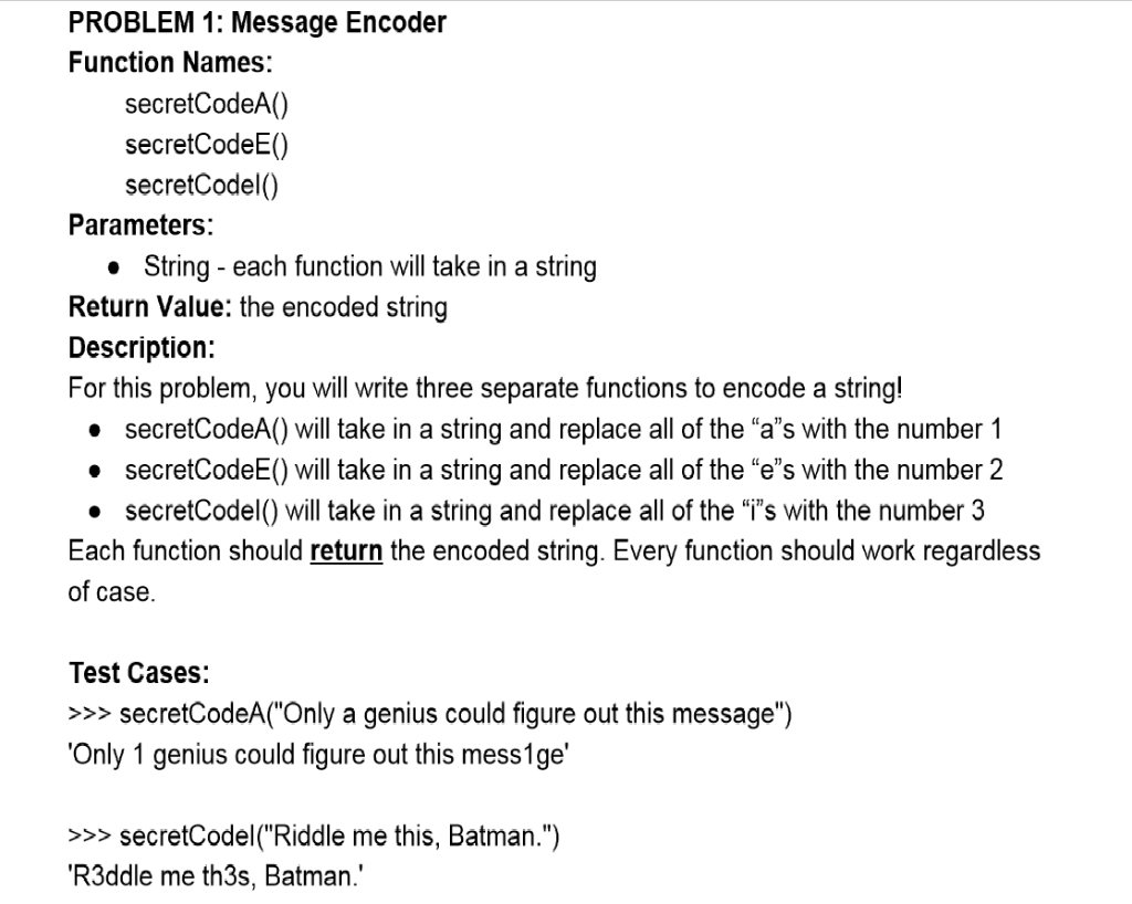 Solved PROBLEM 1: Message Encoder Function Names: | Chegg.com