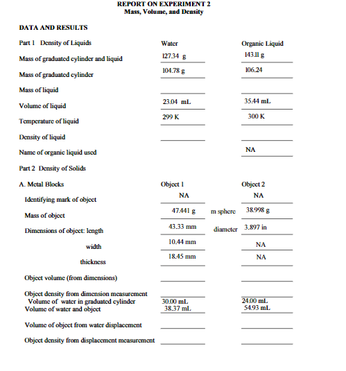 Solved REPORT ON EXPERIMENT 2 Mass, Volume, and Density DATA | Chegg.com