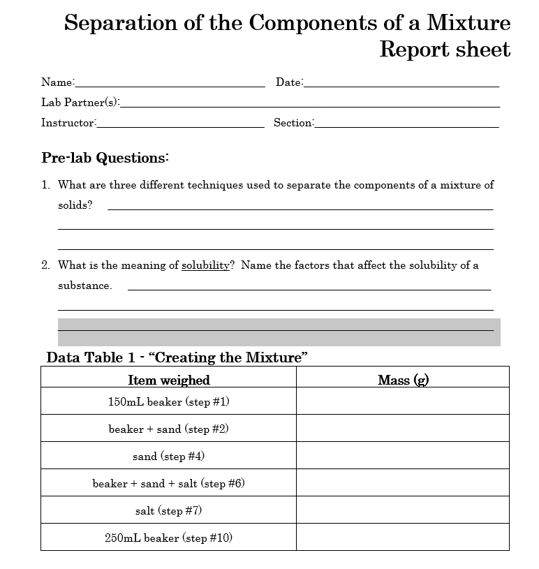 Solved Separation Of The Components Of A Mixture Report Chegg
