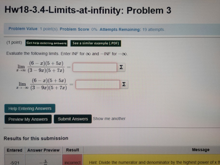 Solved Hw18-3.4-Limits-at-infinity: Problem 3 Problem Value | Chegg.com
