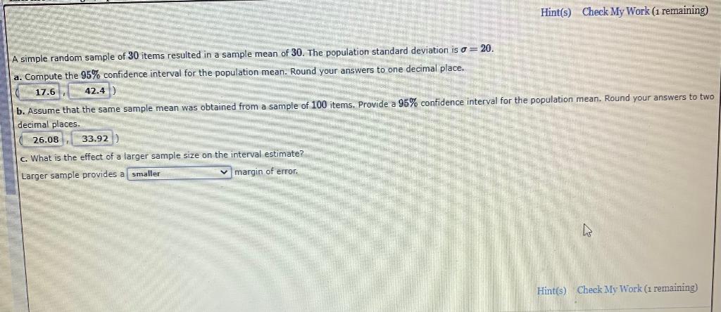 Solved Hint(s) Check My Work (1 remaining) A simple random | Chegg.com