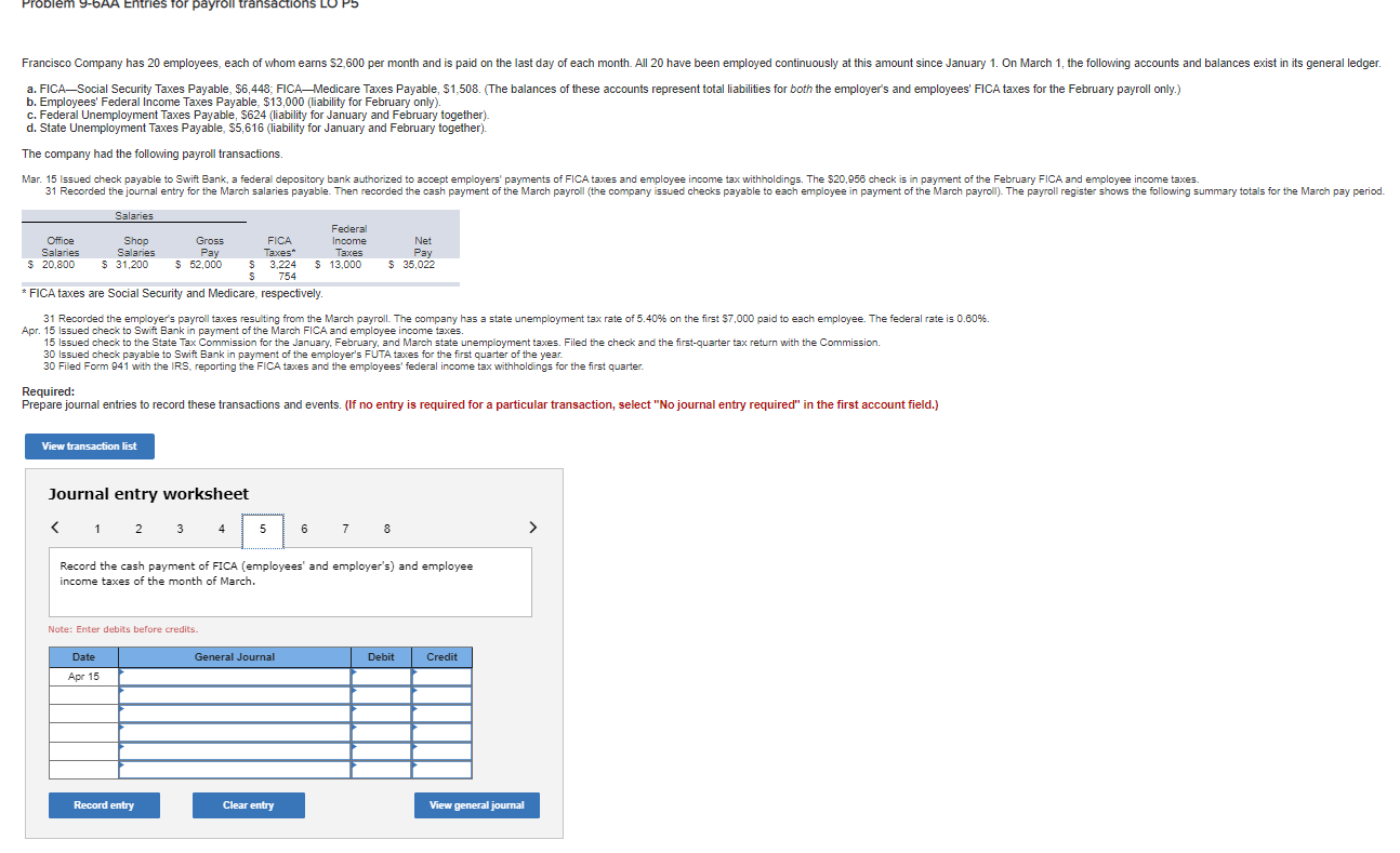 Solved Problem 9-6AA Entries for payroll transactions LO P5 | Chegg.com