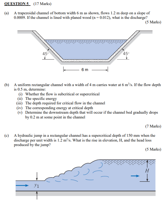 Solved QUESTION 5 (17 Marks) (a) A trapezoidal channel of | Chegg.com