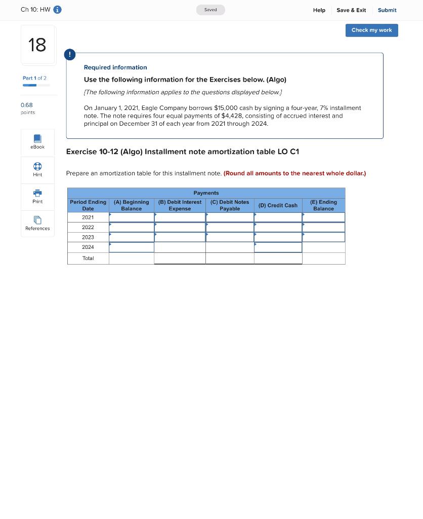 Solved Ch 10: HW Seved Help Save & Exit Submit Check my work | Chegg.com