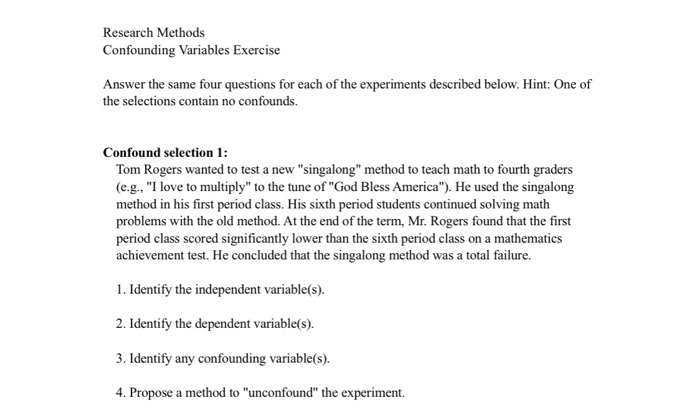 Solved Research Methods Confounding Variables Exercise | Chegg.com