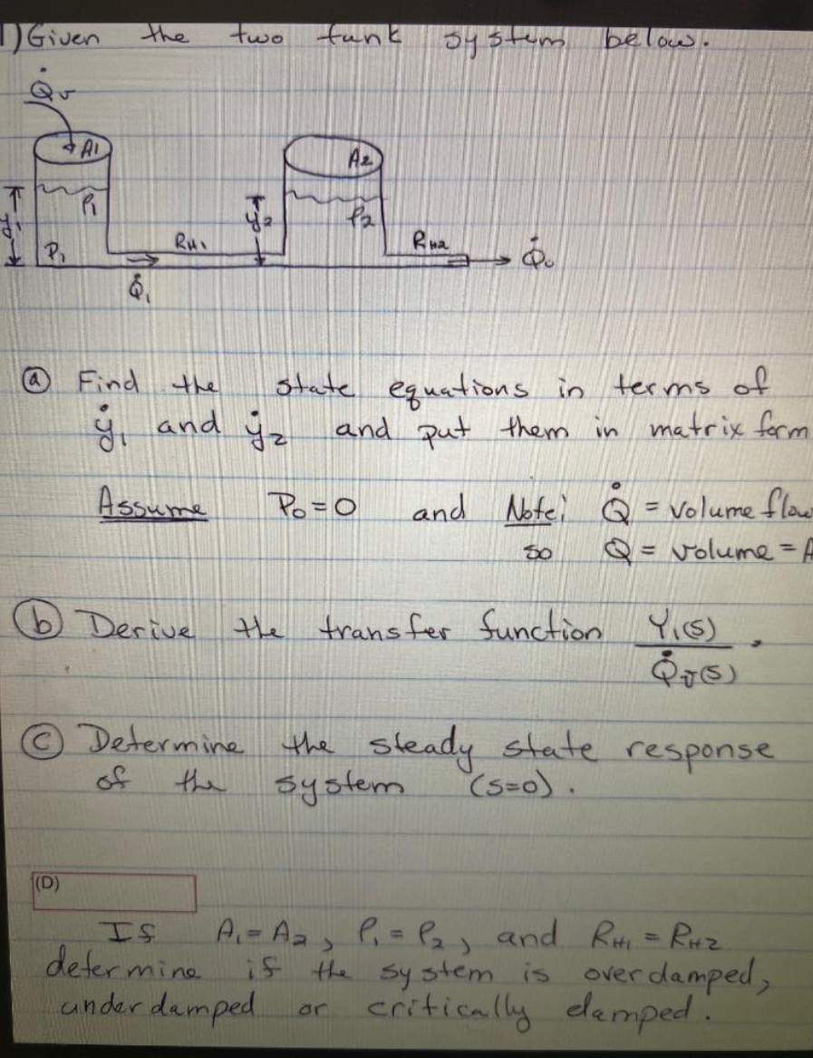 Solved Given the two tunk 5ystum below. (a) Find the state | Chegg.com