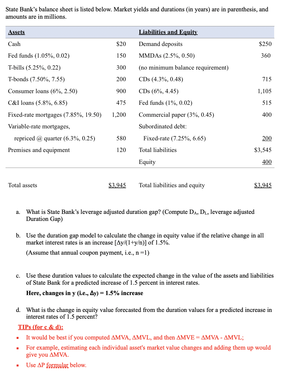 Solved State Bank's balance sheet is listed below. Market | Chegg.com